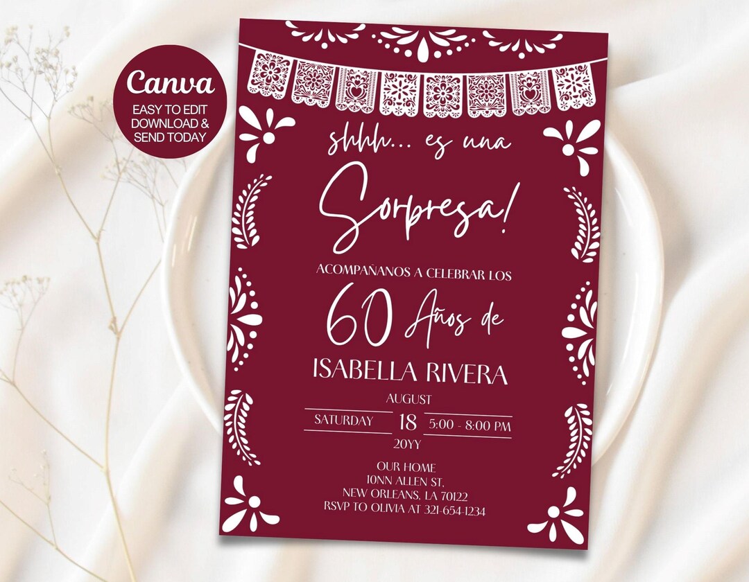 Mexican Fiesta Surprise 60th Birthday Invitation: Burgundy, Talavera ...