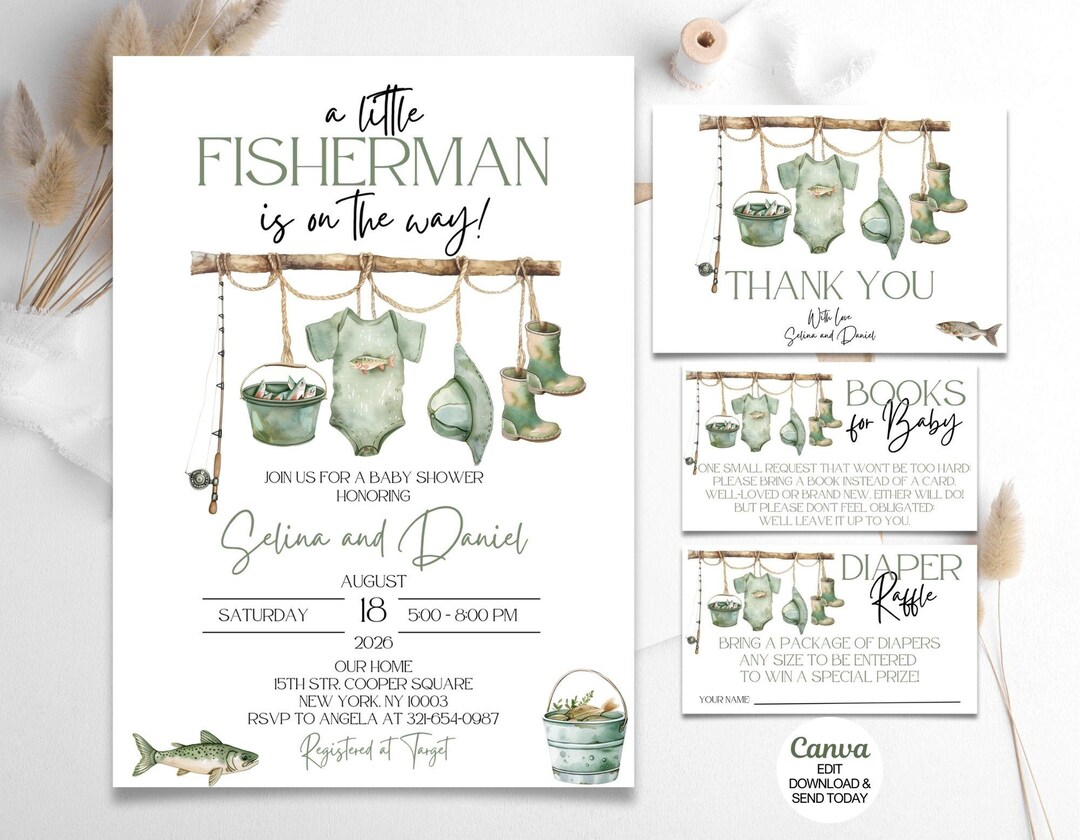 Fishing Baby Shower Invitation Pack: Editable Canva Template (digital ...