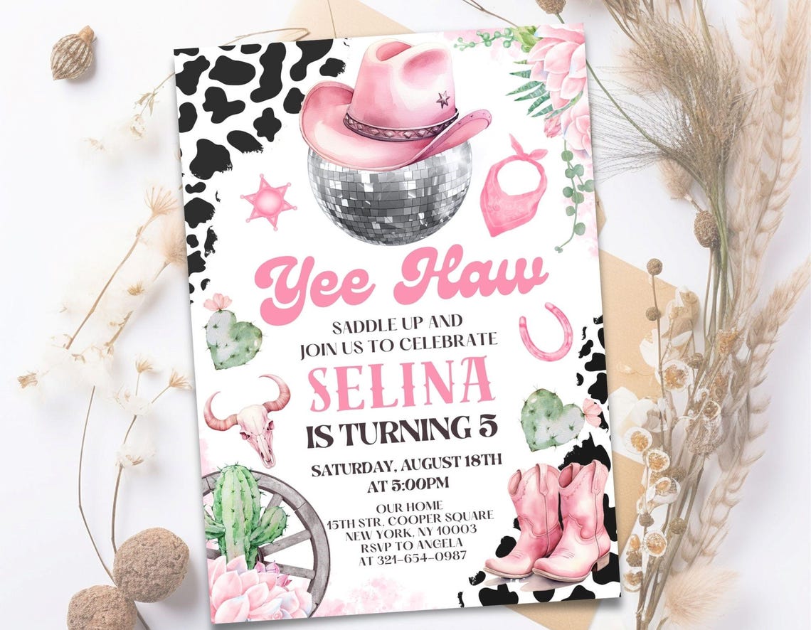 Editable Western Cowgirl Birthday Invitation. Disco Rodeo Birthday ...