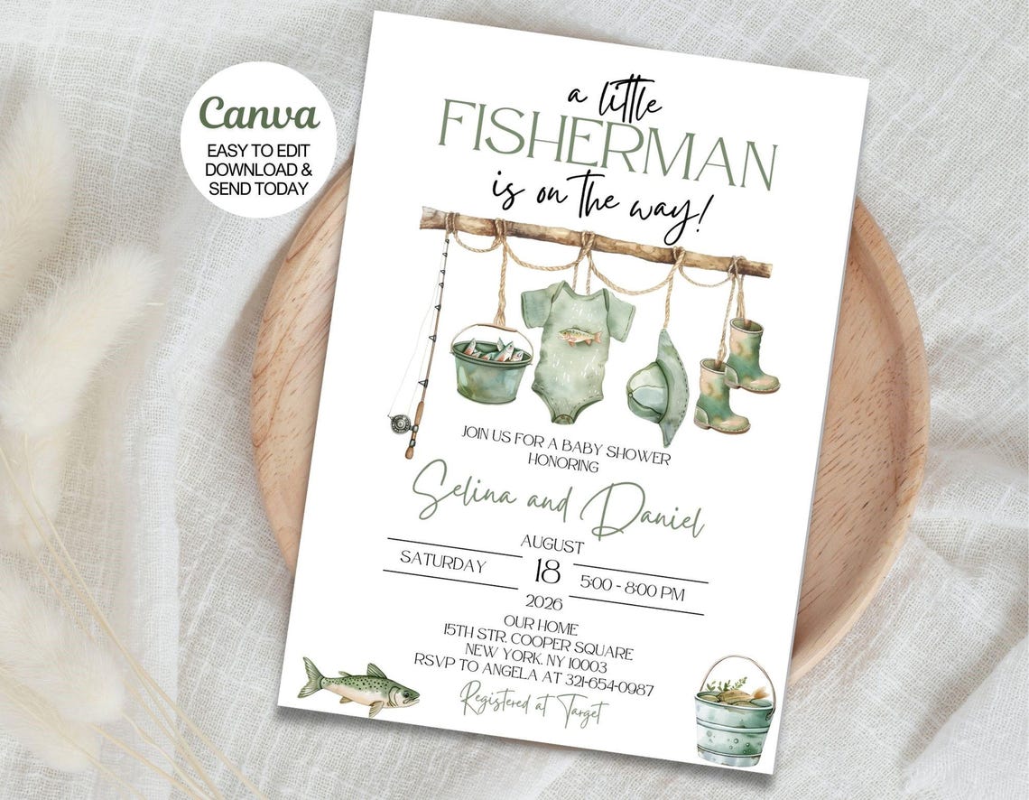 Fishing Baby Shower Invitation Pack: Editable Canva Template (digital ...