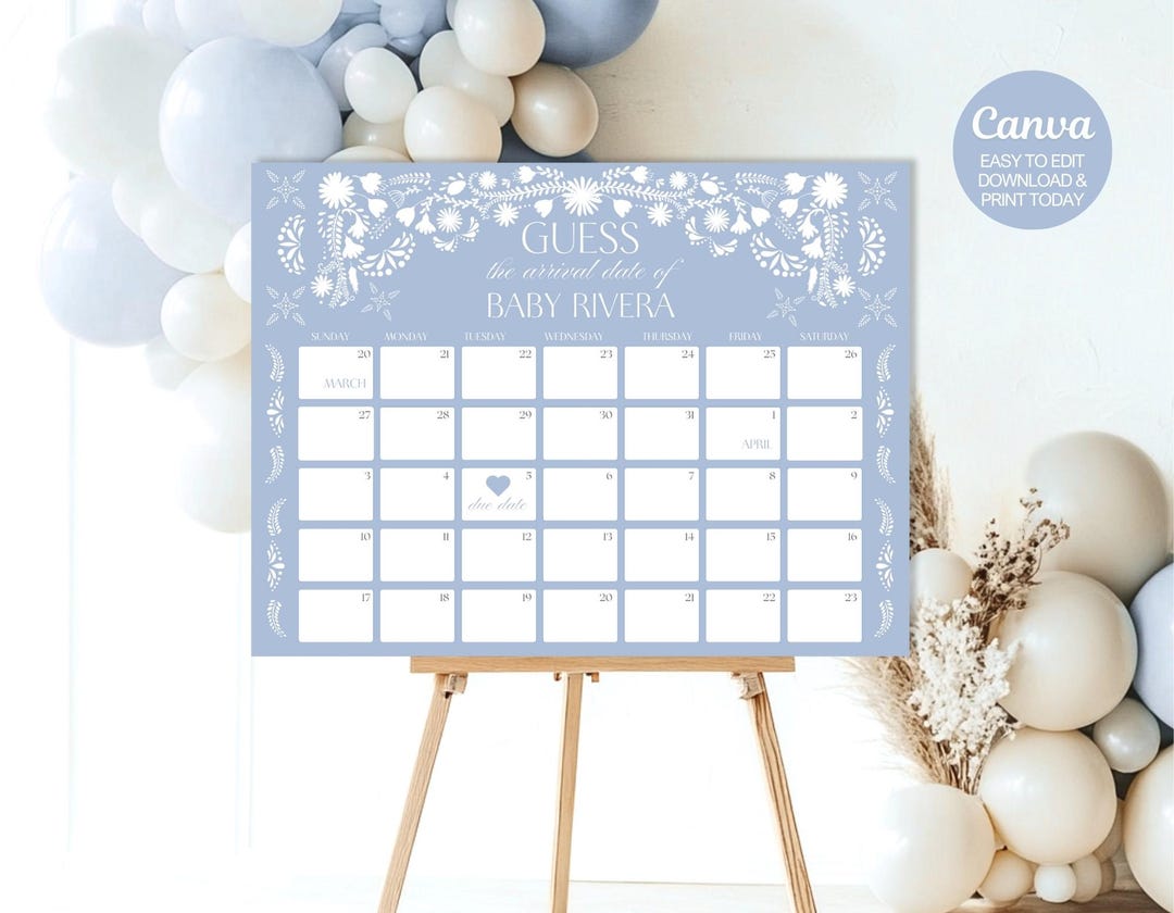 Editable Cielito Lindo Baby Shower Guess Arrival Date Calendar, Guess ...