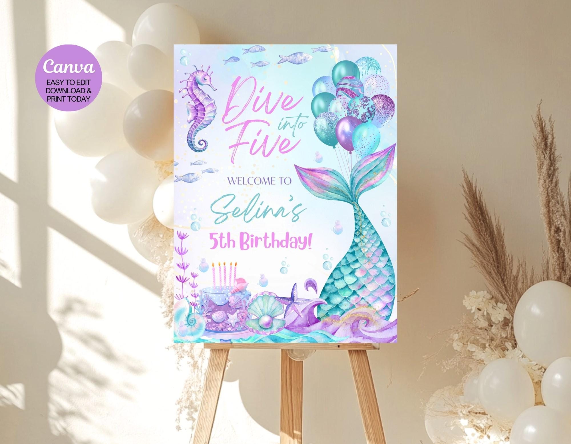 Editable Dive Into Five Birthday Party Welcome Sign, Tropical Summer ...