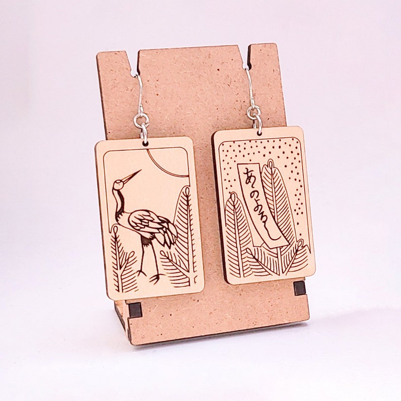 Hanafuda Crane and Sun January Birch Wood Dangle Earrings on Antiqued ...