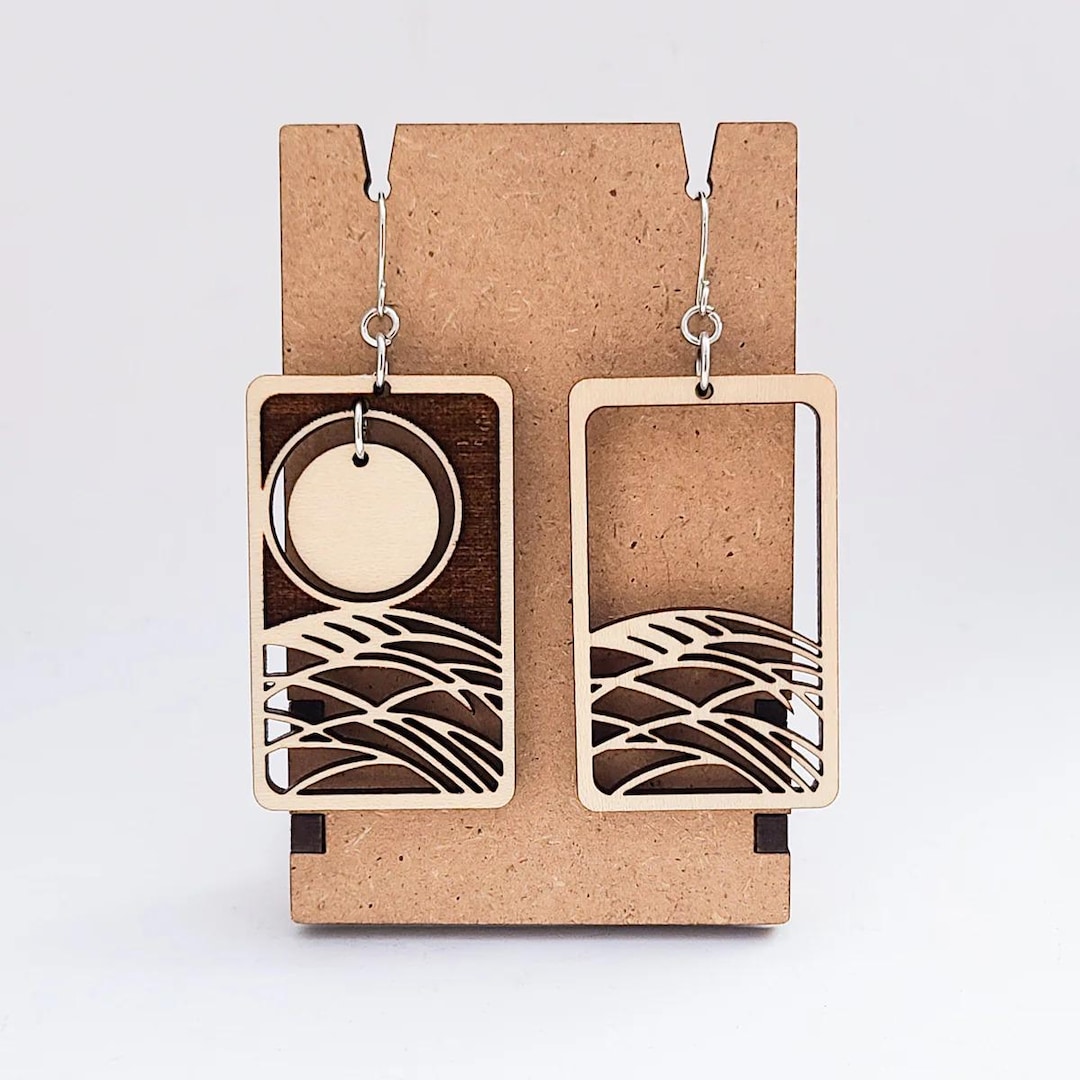 Hanafuda Full Moon and Susuki Grass Maple Wood Dangle Earrings on ...