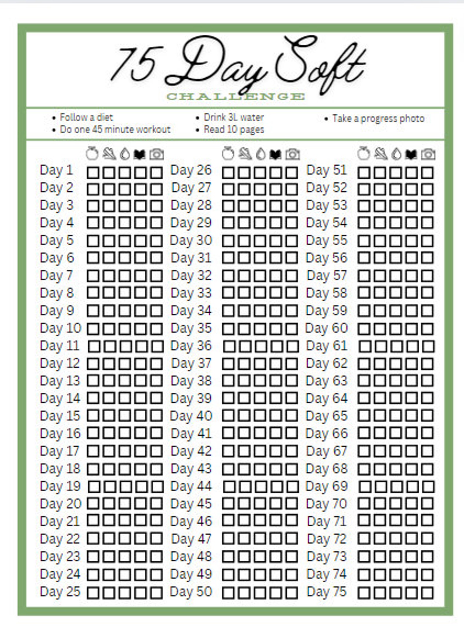 75 Day Soft Challenge Template - Etsy