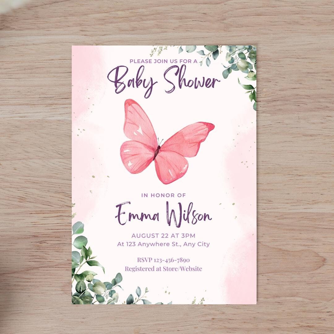 Editable Pink Butterfly Baby Shower Invitation, Custom Digital Invite ...