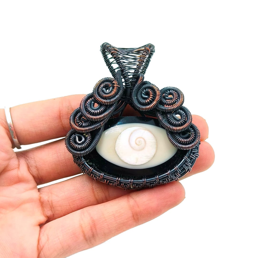 Natural Sea Shell Evil Eye Copper Wire Wrapped Pendant | 55x50mm ...