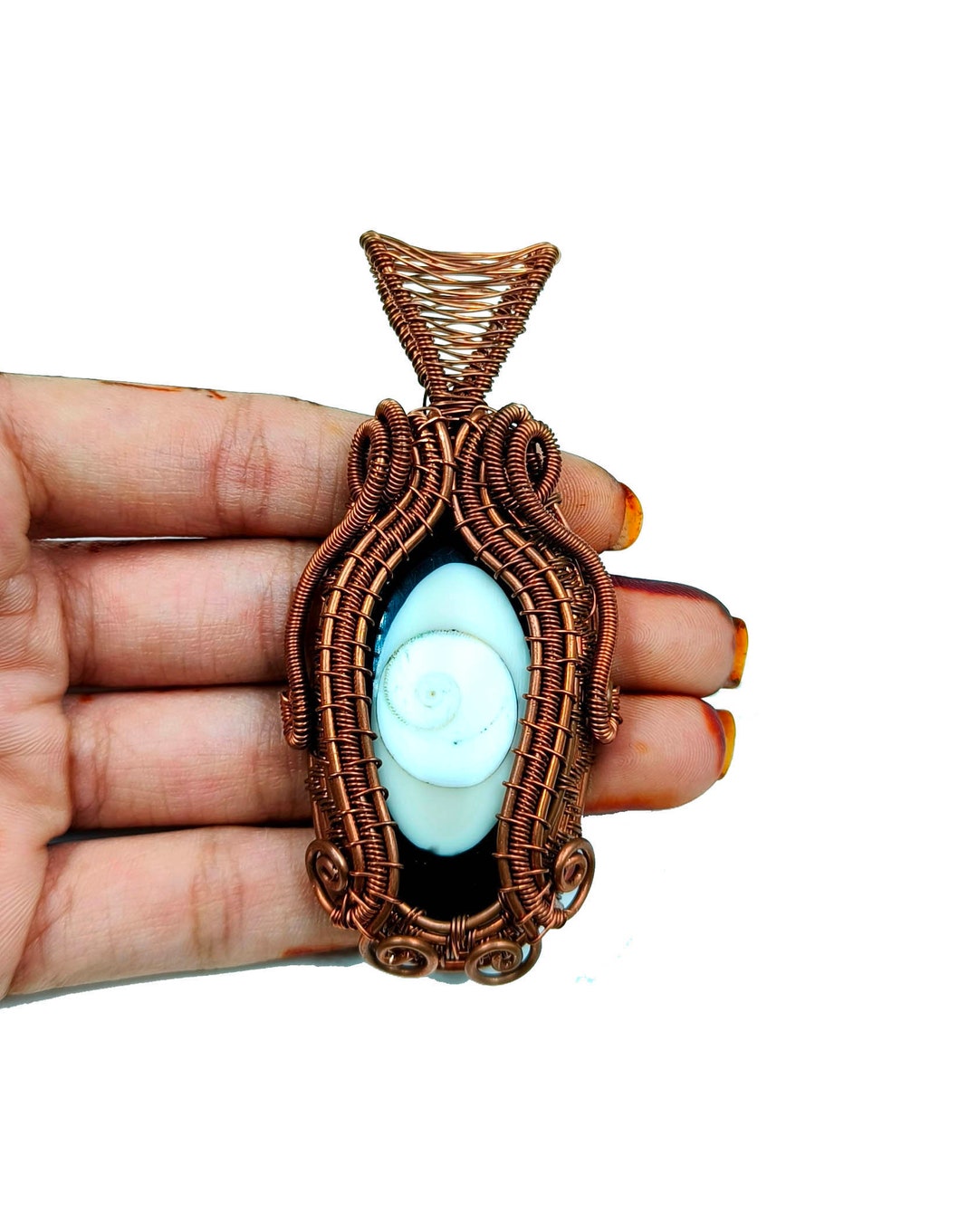 Natural Sea Shell Evil Eye Copper Wire Wrapped Pendant | 78x36mm ...