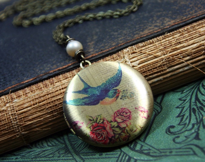 Bluebird Locket Necklace, Gold Hand Wrapped Pearl, Vintage Dark ...