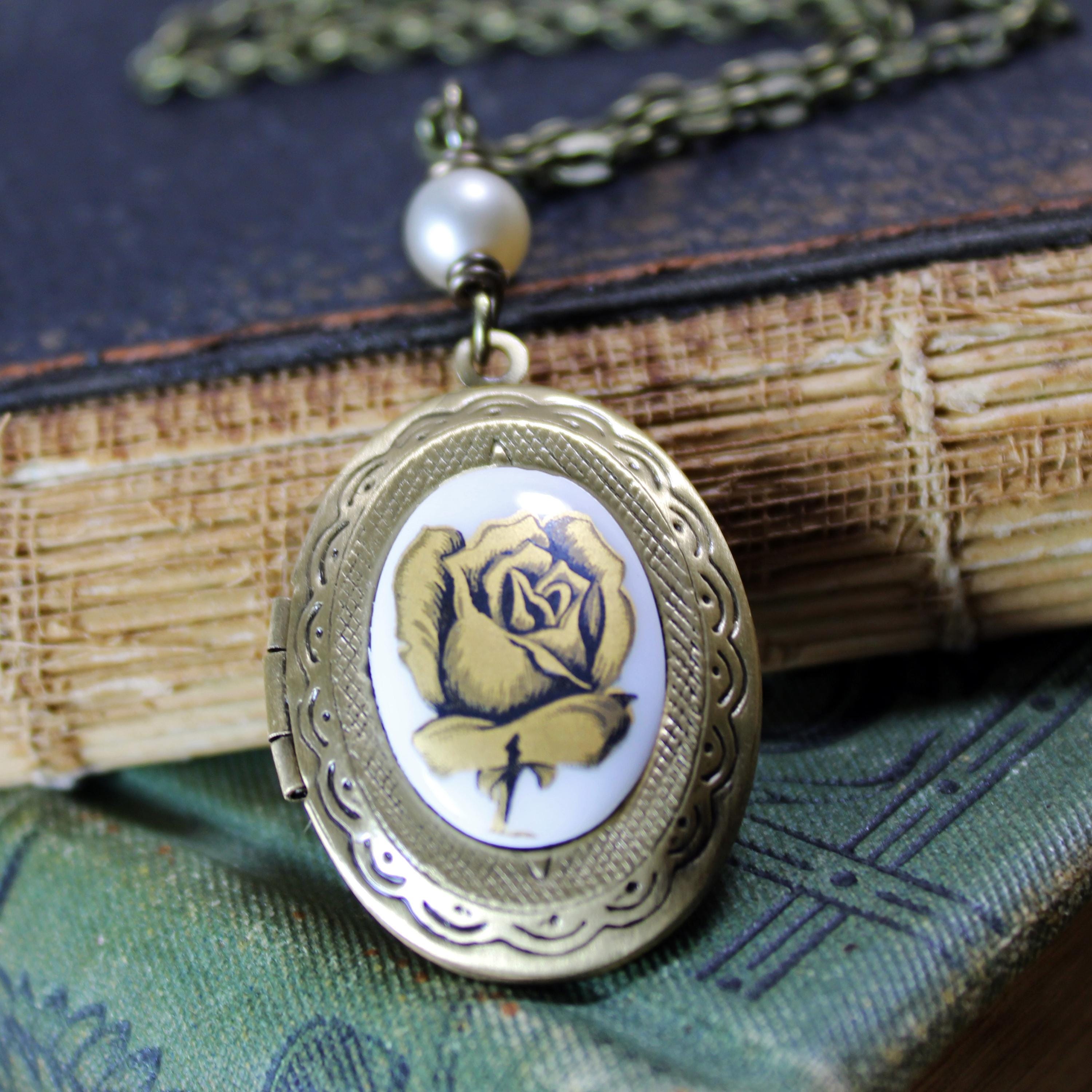 Vintage Rose Locket Necklace, Antique Gold, Hand Wrapped Pearl, Dark ...