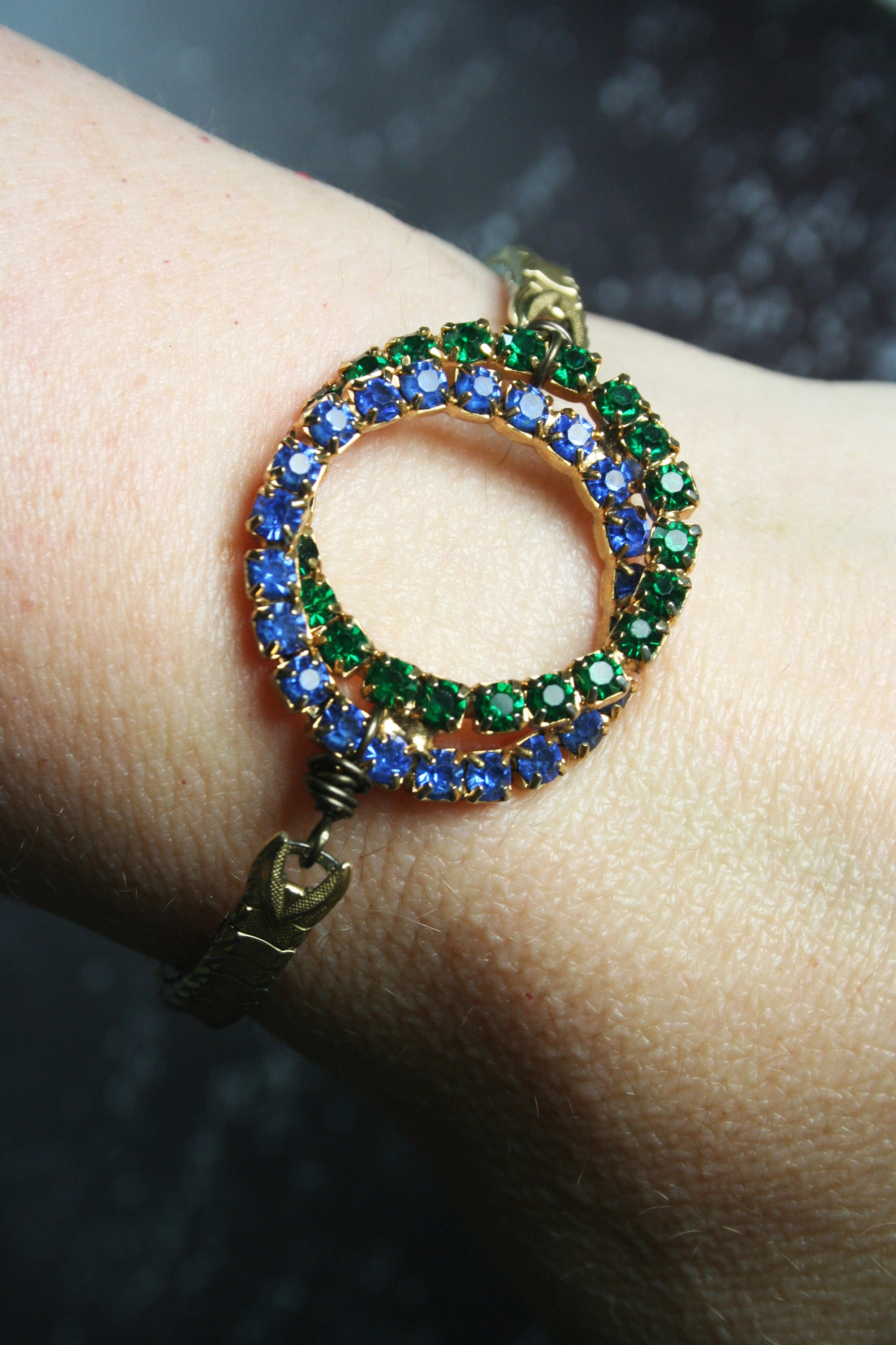 Vintage Upcycled Cuff Bracelet, Assemblage, Green Blue, Mixed Media ...