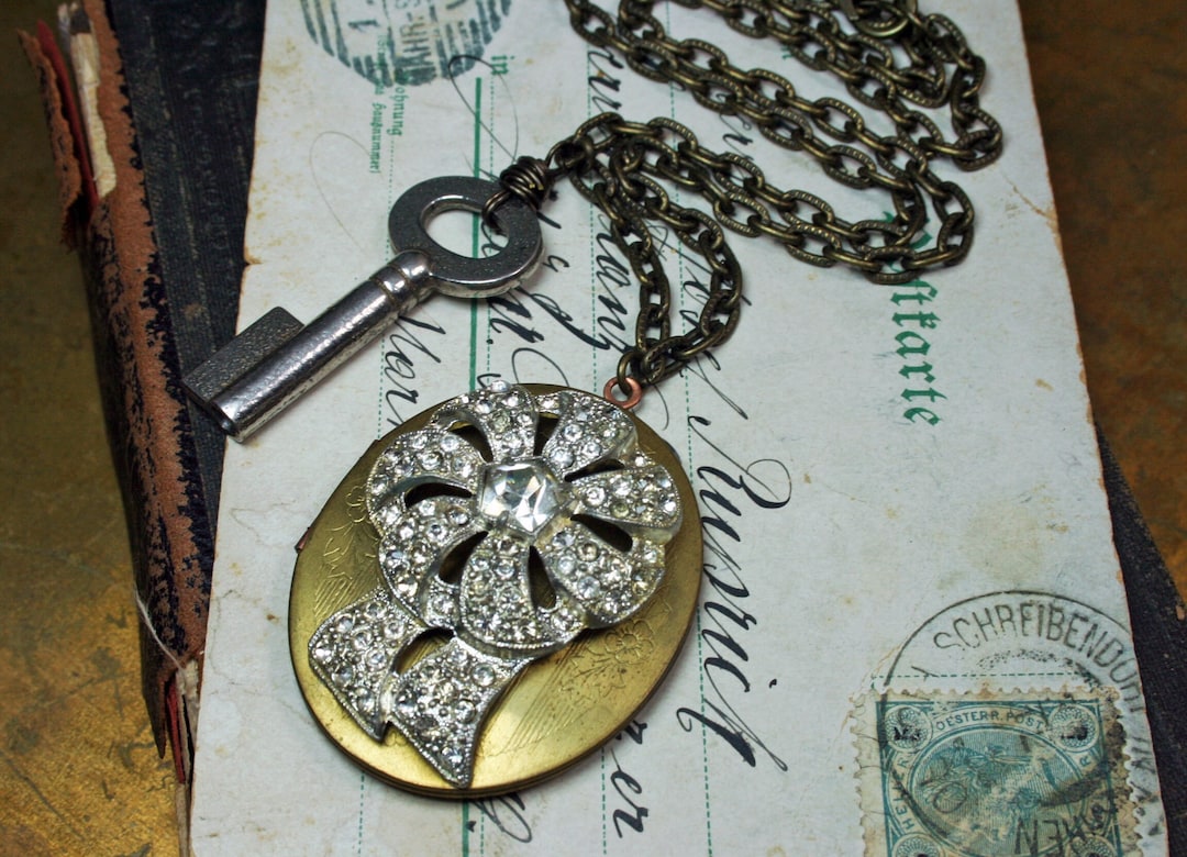Vintage Assemblage Rhinestone Locket Necklace, Upcycled Repurposed ...