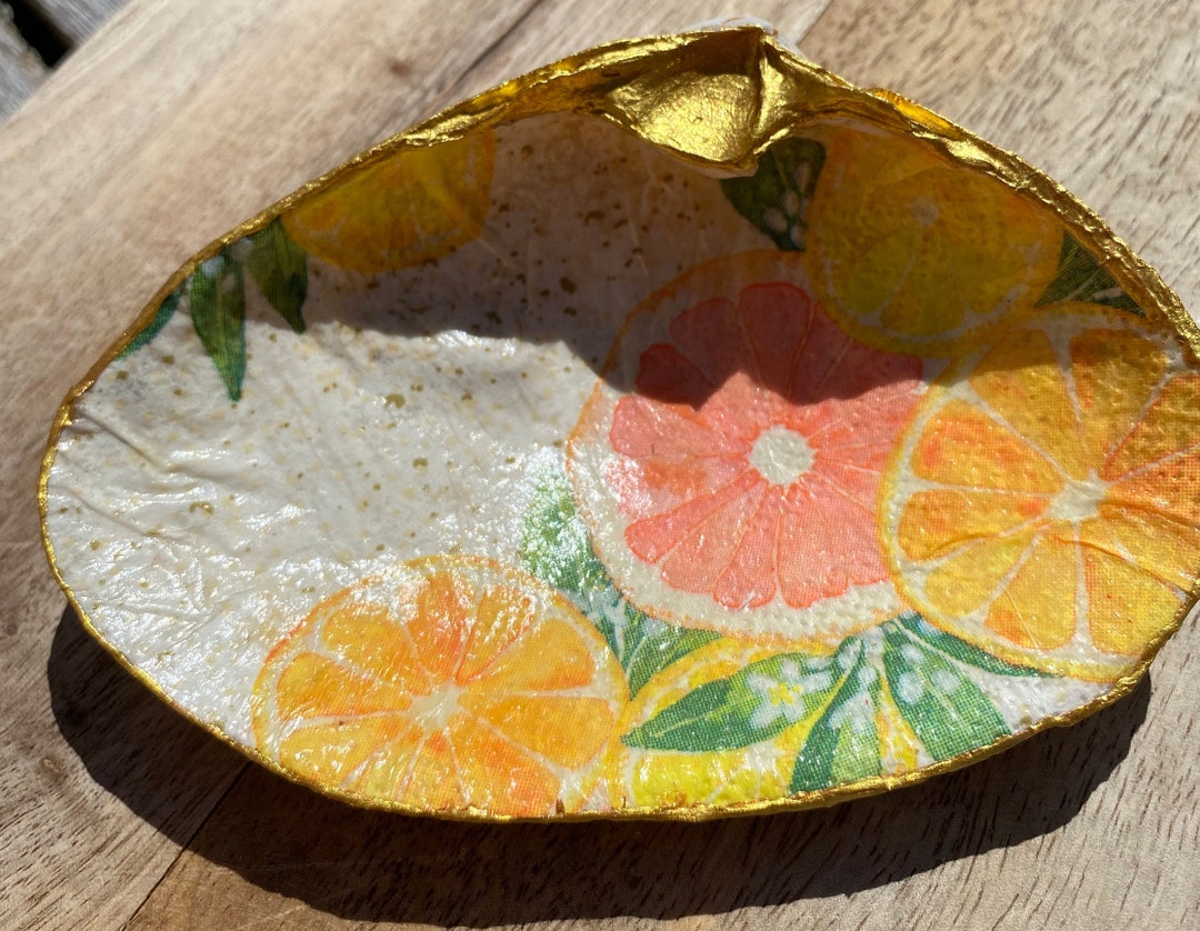 Summer Citrus Decoupage Clam Shell, Ring Dish, Jewelry Dish, Clam Shell ...