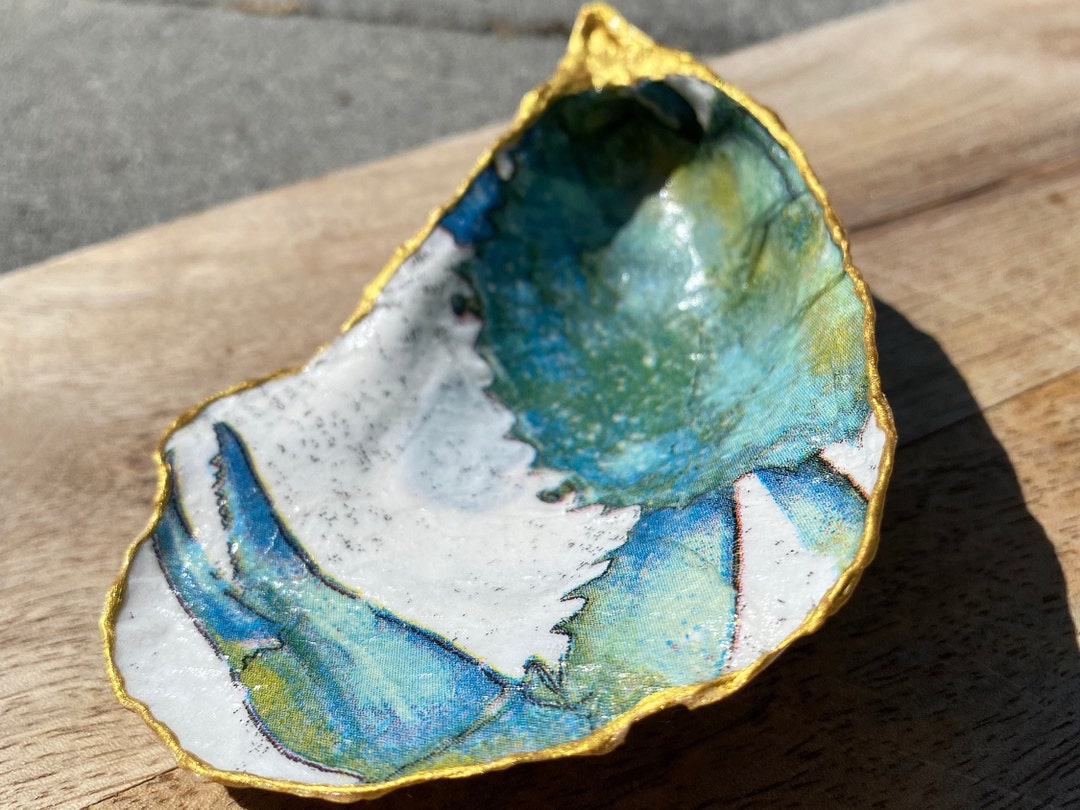 Blue Crab Decoupage Oyster Shell, Ring Dish, Jewelry Dish, Oyster Shell ...