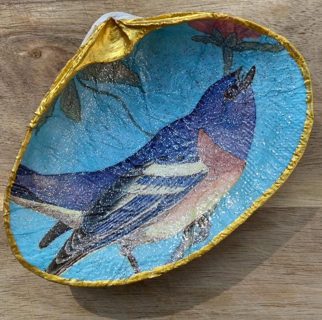Summer Blue Bird Decoupage Sea Clam Shell, Ring Dish, Jewelry Dish ...