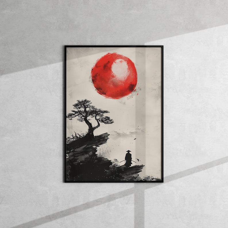 Samurai Silhouette Poster Red Sun Background Japanese Landscape Art ...