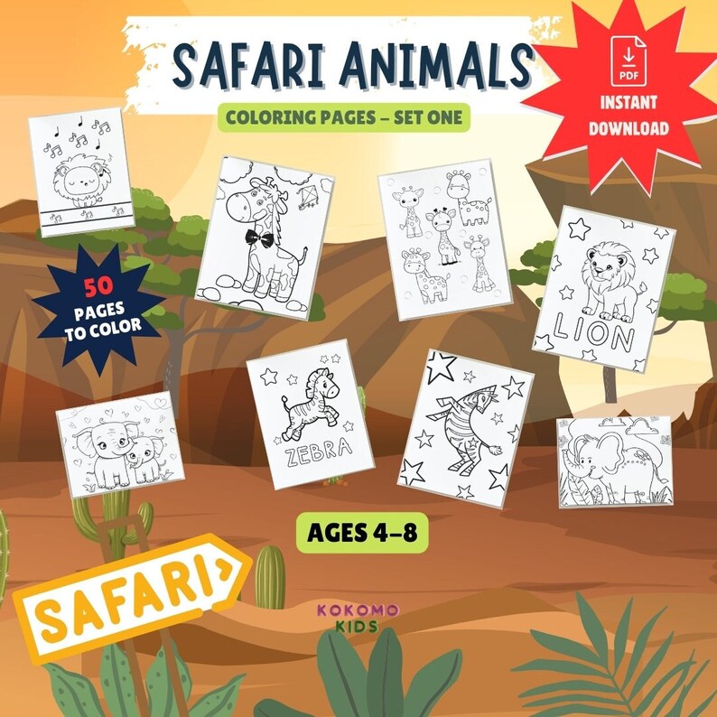 Coloring Pages 50 Pages Safari Animals DIGITAL DOWNLOAD - Etsy