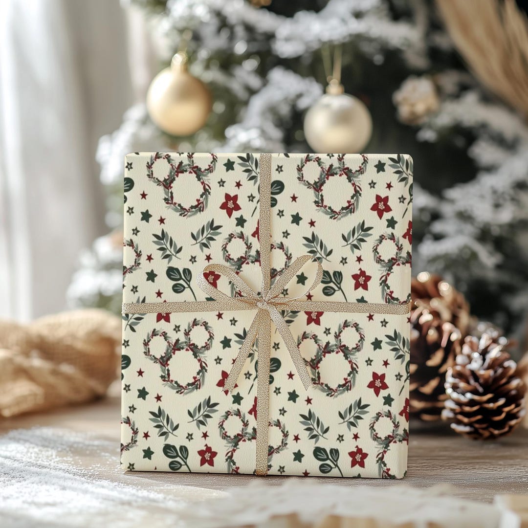 Vintage Mickey Christmas Wreath Gift Wrap,disney Christmas Paper Gift ...