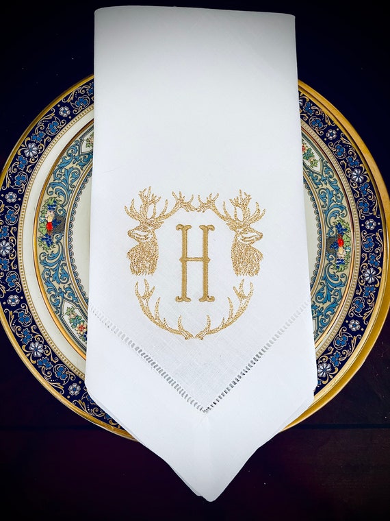 Custom Embroidered Regal Stag With Monogram Linen Dinner - Etsy