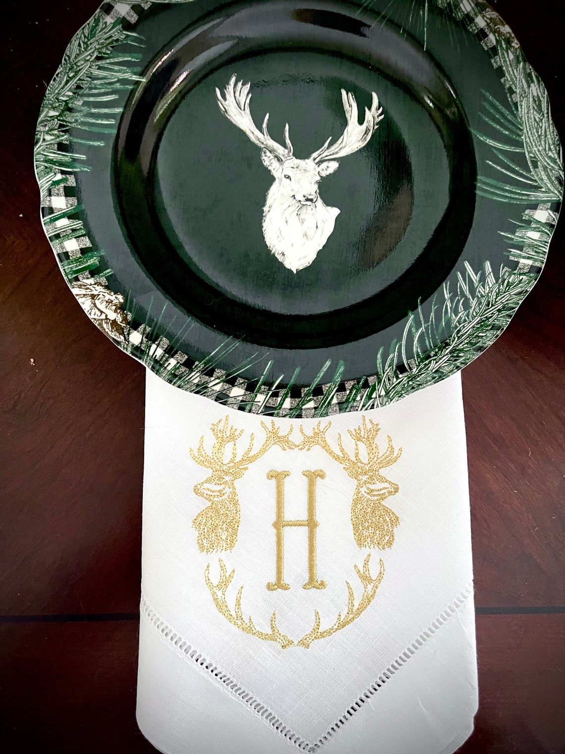 Custom Embroidered Regal Stag With Monogram Linen Dinner - Etsy