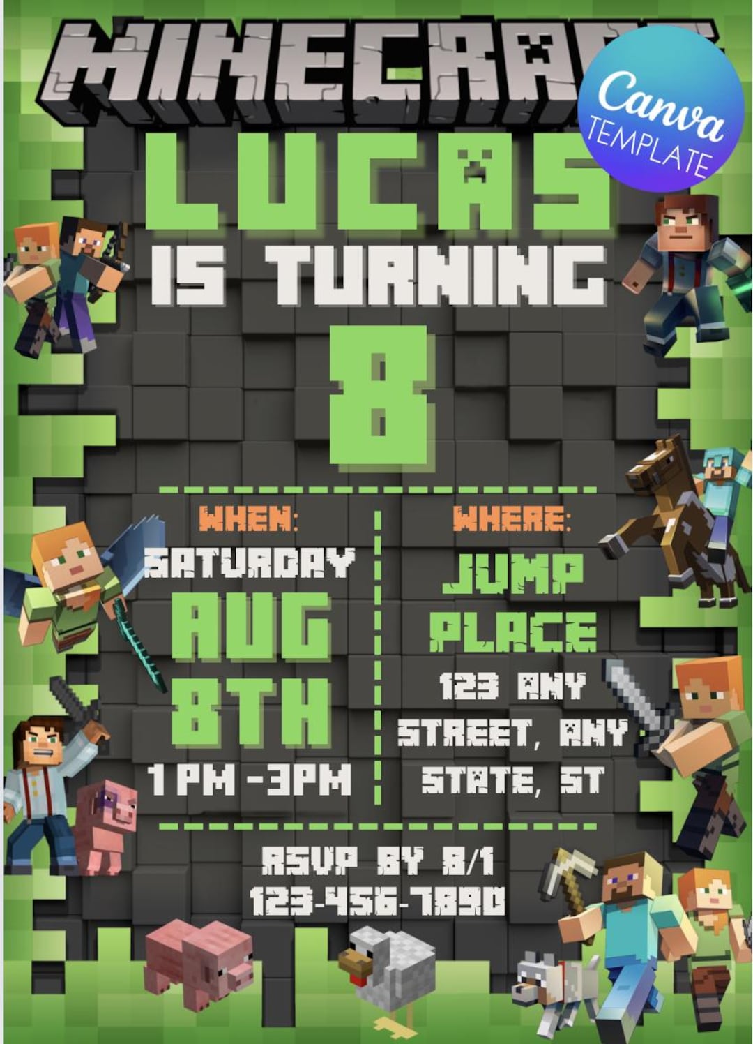 Minecraft Birthday Invitation Template, Free Thank You Card Canva ...