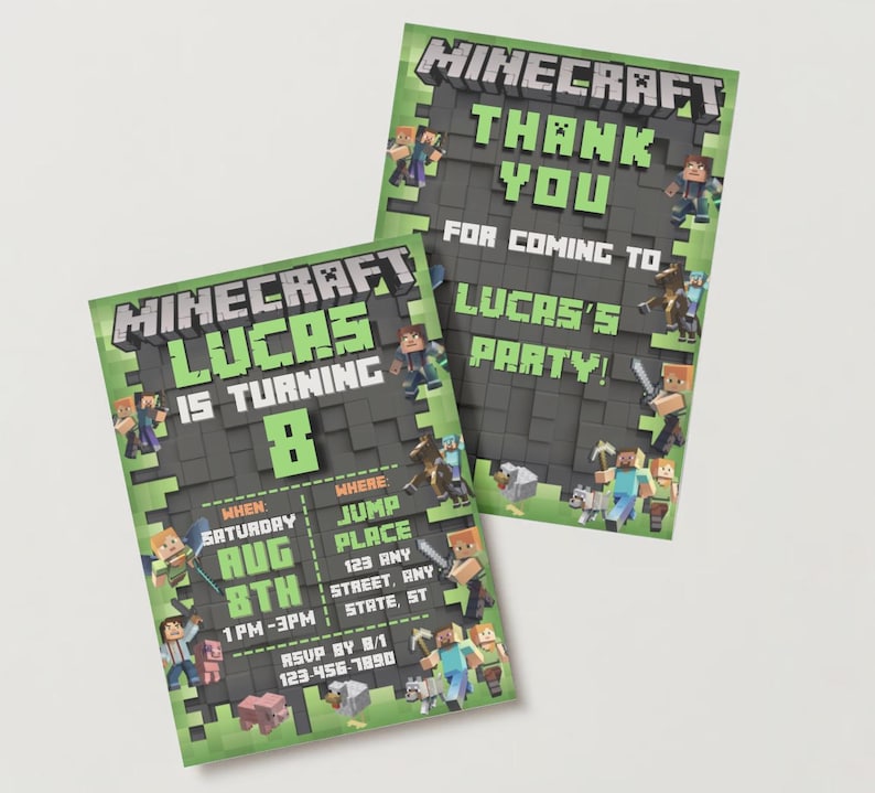 Minecraft Birthday Invitation Template, Free Thank You Card Canva ...
