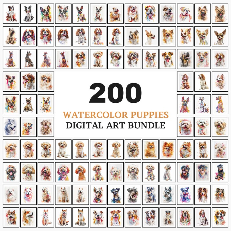 Printable Wall Art Dog Breeds Watercolor Painting Bundle, Cute Puppy ...