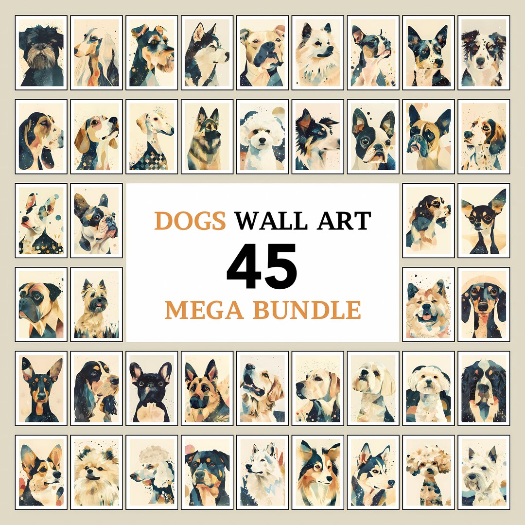 Printable Wall Art 45 Dog Breeds, Dog Painting Bundle, Cute Puppy ...