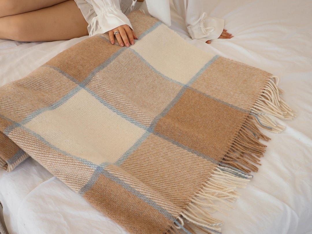 Checkerboard Plaid Wool Throw Blanket: White Caramel Blue, 67x83 Inches ...
