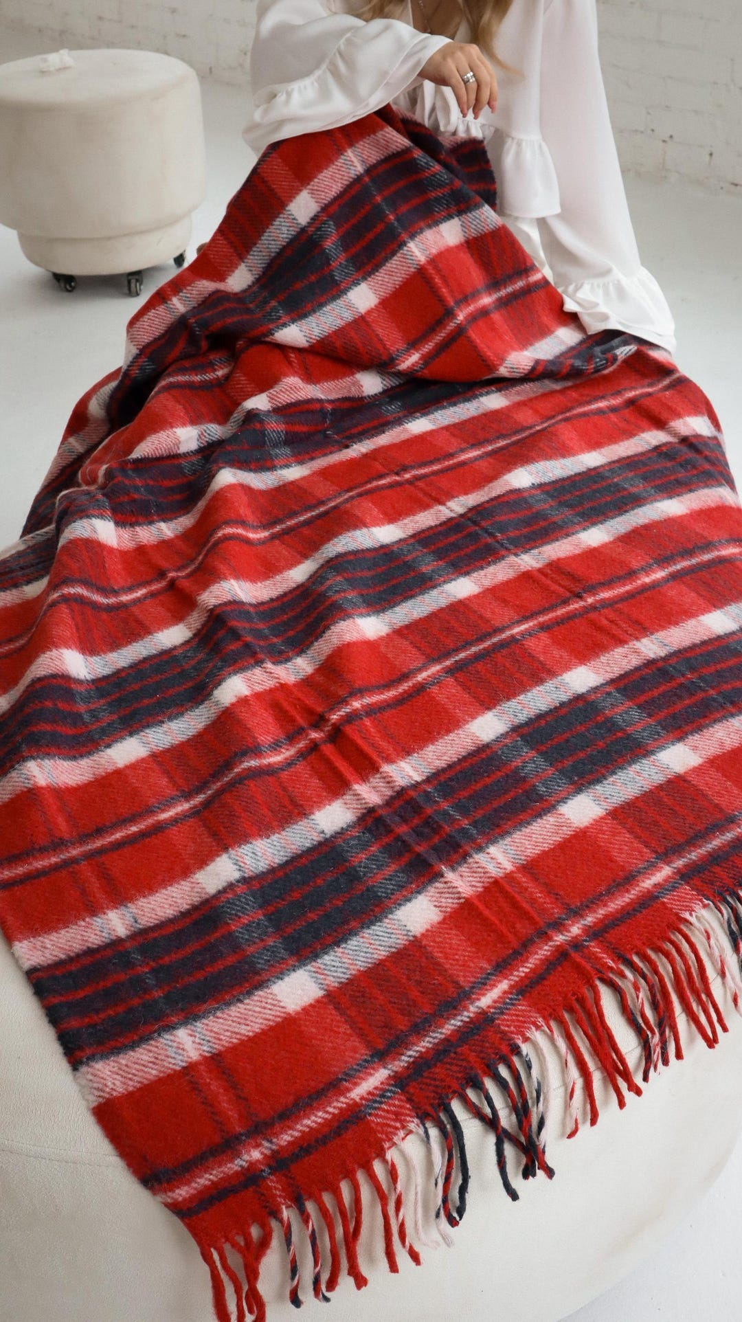 Wool Blend Checkered Blanket Red, Dark Blue and White Plaid Throw for ...