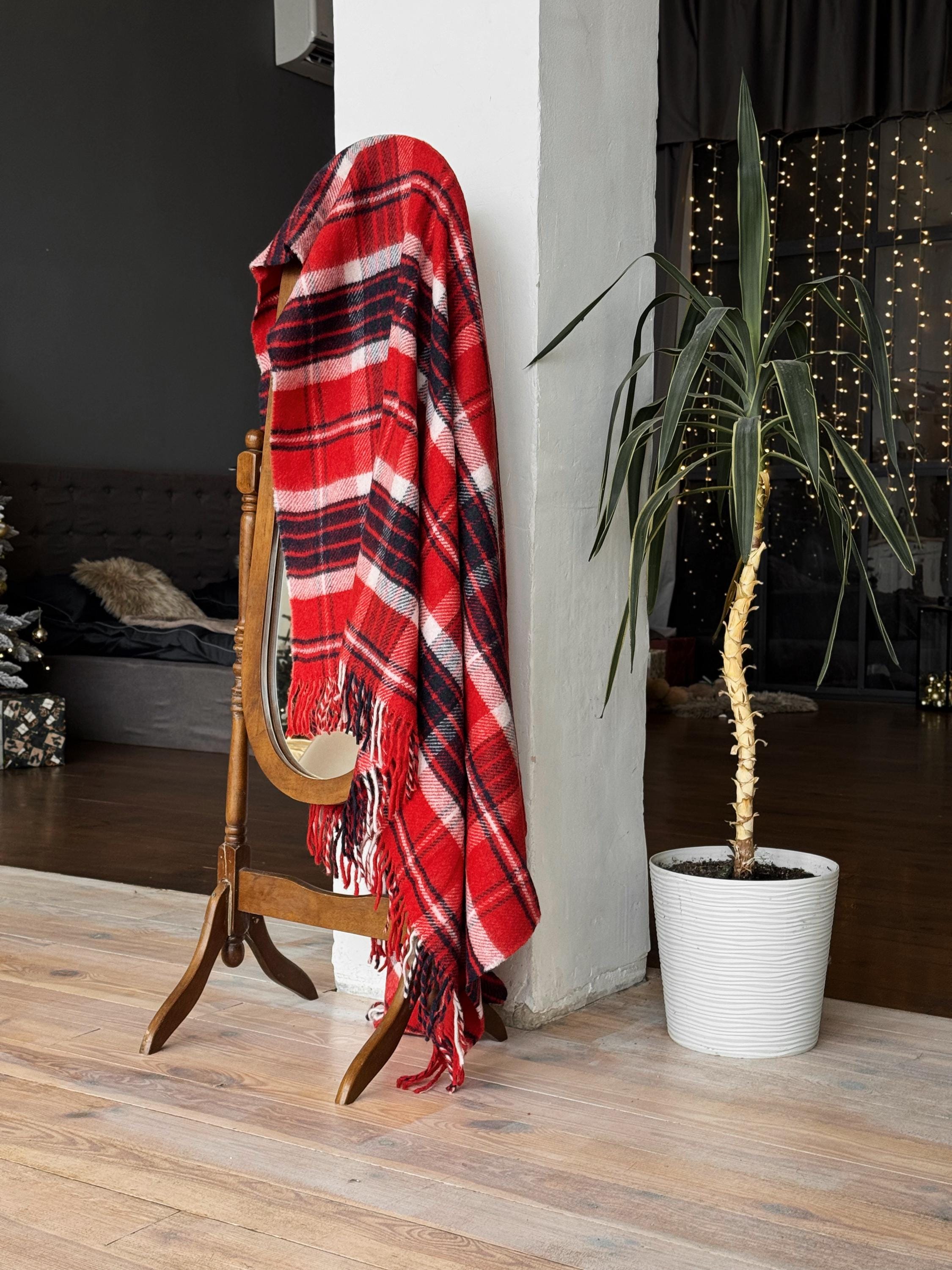 Red, Blue & White Checkered Blanket – Wool Blend Plaid Throw for Couch ...