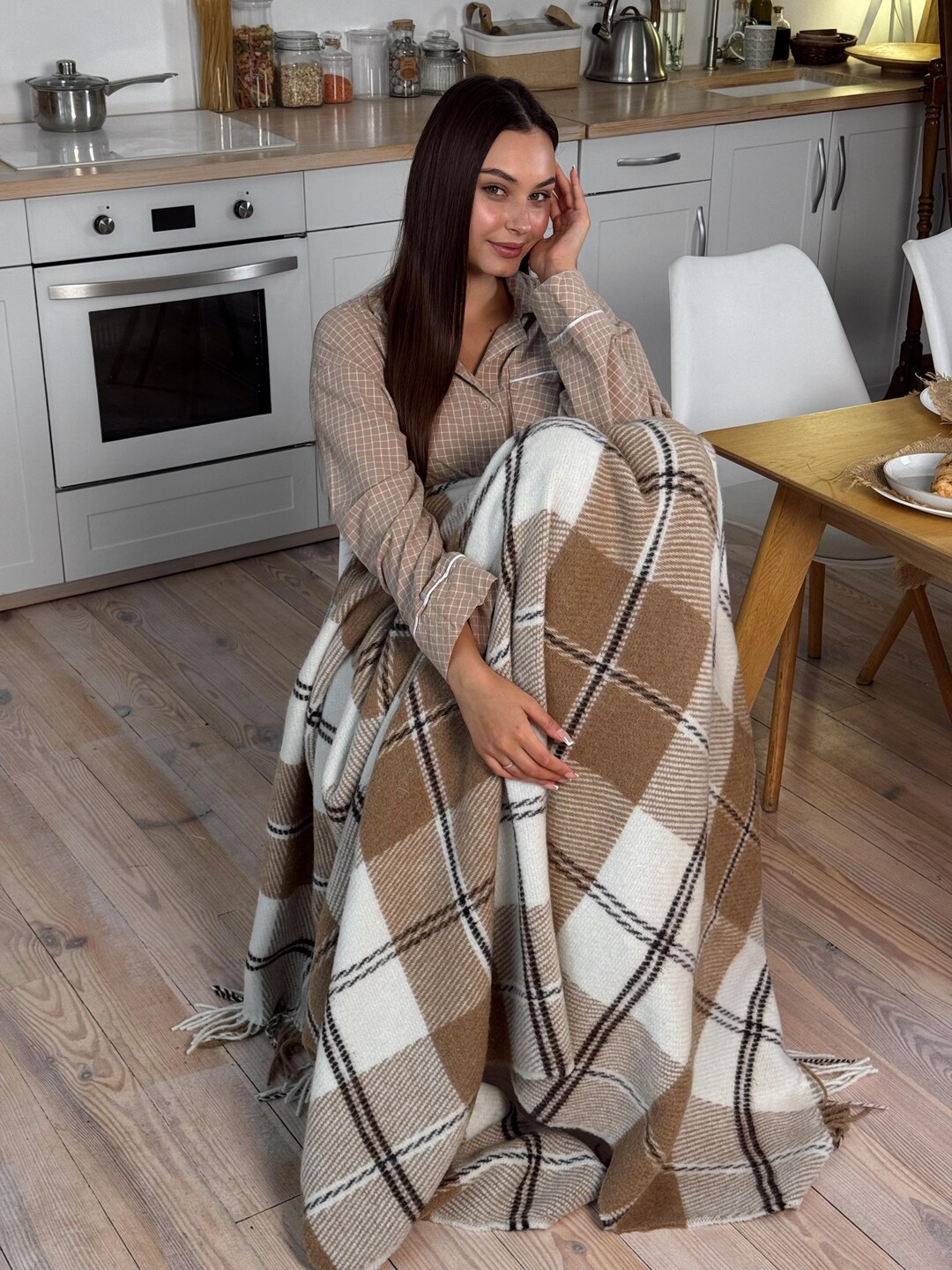 Checked Wool-blend Throw 67×83″ - Coffee & Oat Block Tartan, Soft Non ...