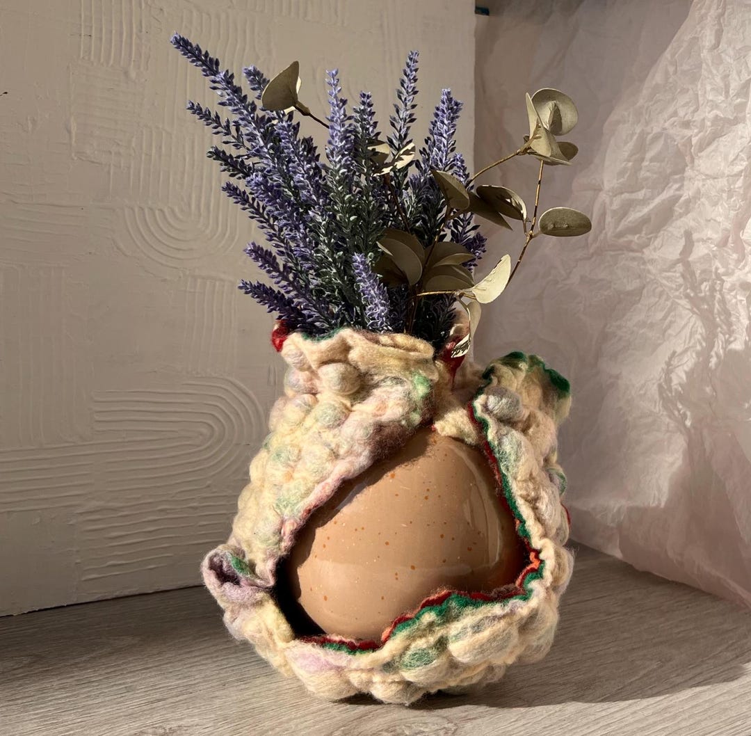 Bubble Wool and Pottery Vase – Floral Handmade Felted Home Decor With ...