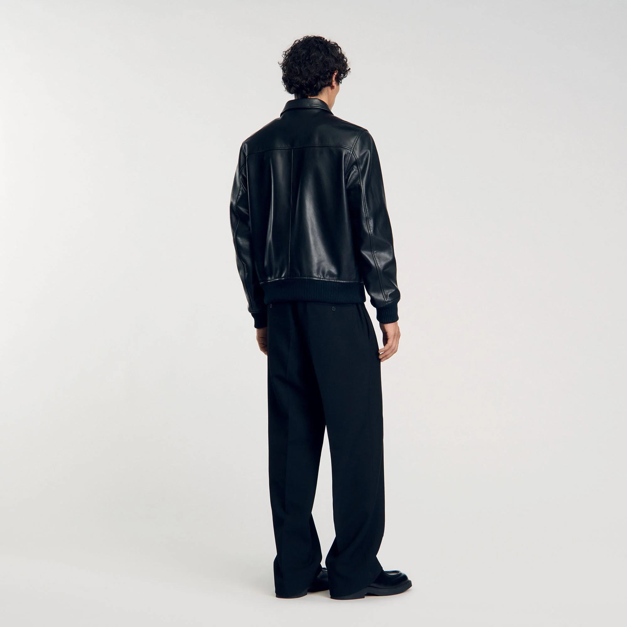 Classic Black Leather Bomber Jacket With Ribbed Cuffs Zipper Closure ...