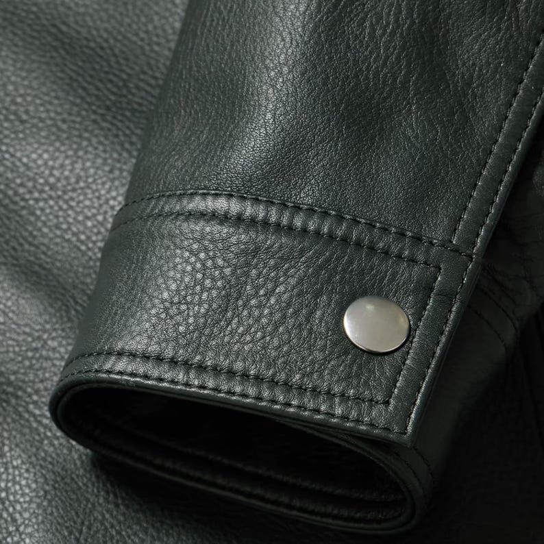 Men's Classic Dark Green Leather Jacket With Front Zipper Closure and ...