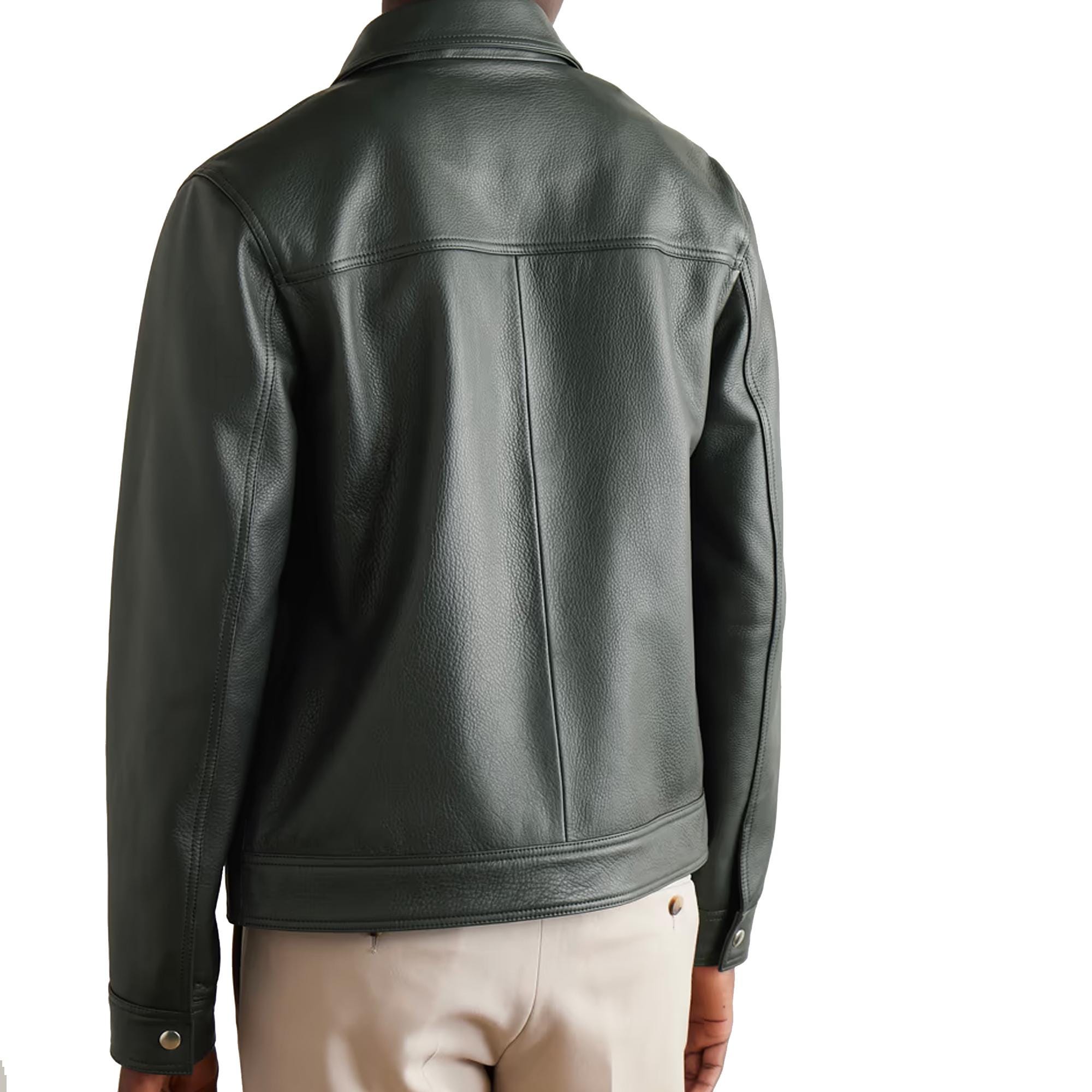 Men's Classic Dark Green Leather Jacket With Front Zipper Closure and ...