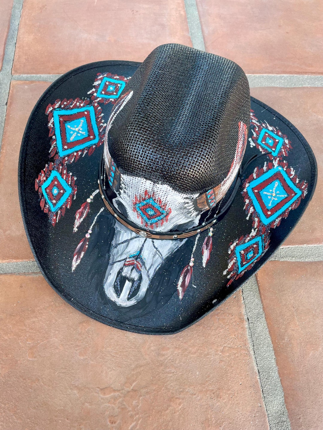 Southwest Skull Hand Painted Bling Cowboy Hat With Tribal Pattern - Etsy