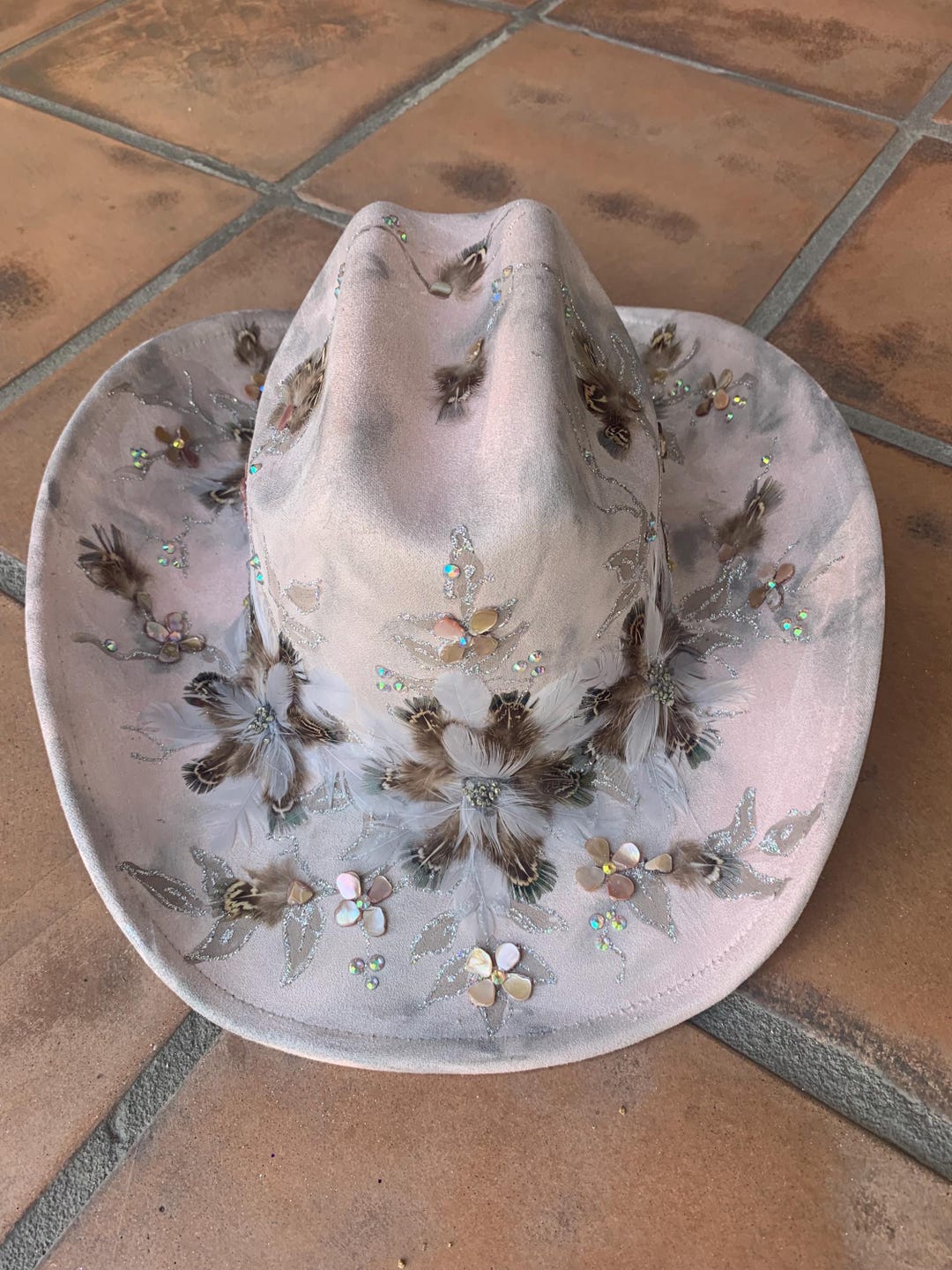 Pink Hand Painted Bling Cowboy Hat With Rhinestones, Feathers and ...