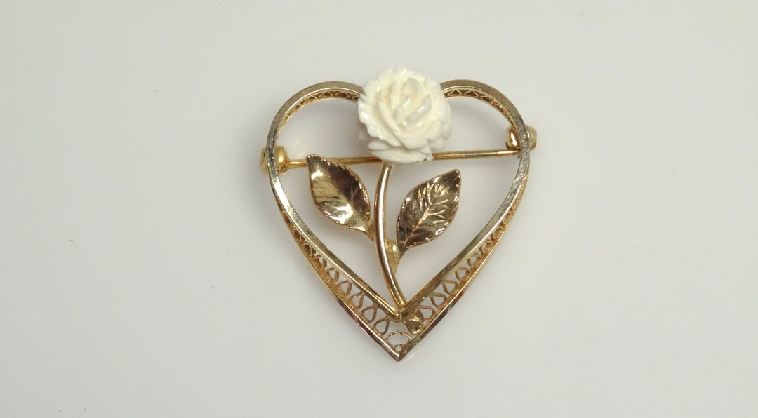 Vintage 12K Gold Filled Carved Bone Rose Flower Heart Brooch- Signed ...
