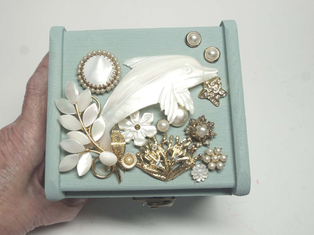 Jeweled Dolphin Ocean Collage Painted Wood Jewelry Trinket Box W/mother ...