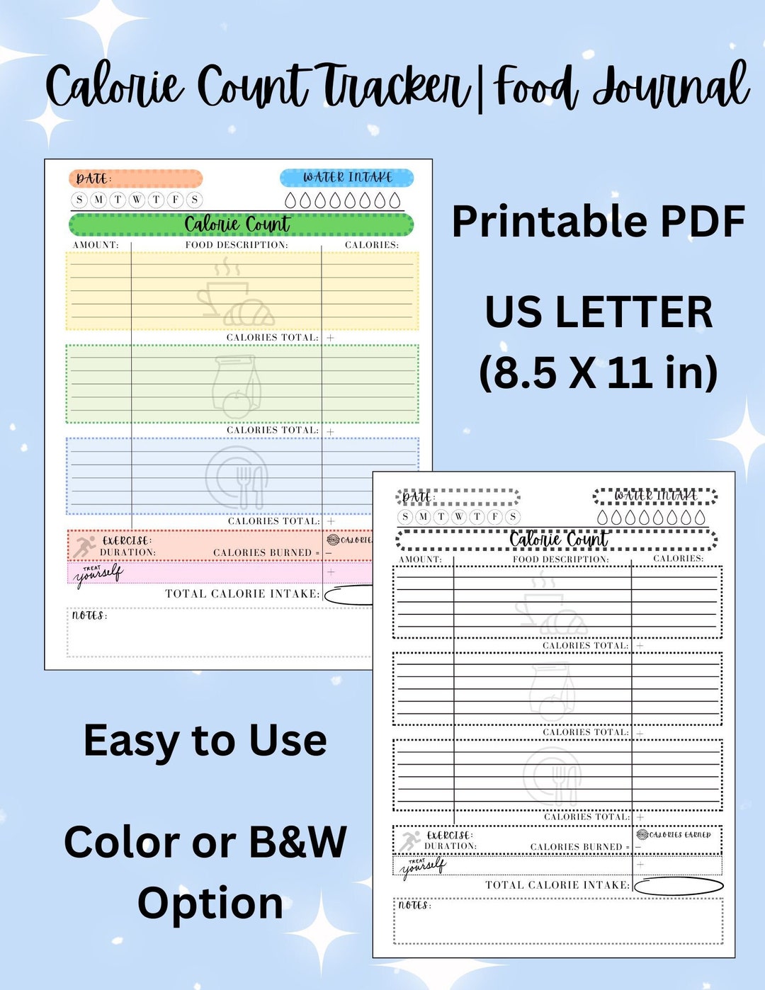 Calorie Counting Tracker | Food Journal - Printable Download; Color or ...