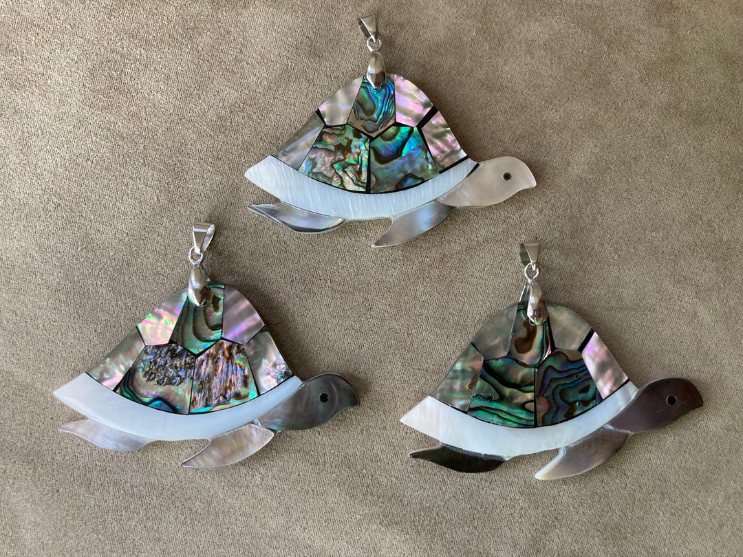 Mixed Shell Sea Turtle Pendant With Bail, 38x60mm, Abalone, Black Lip ...
