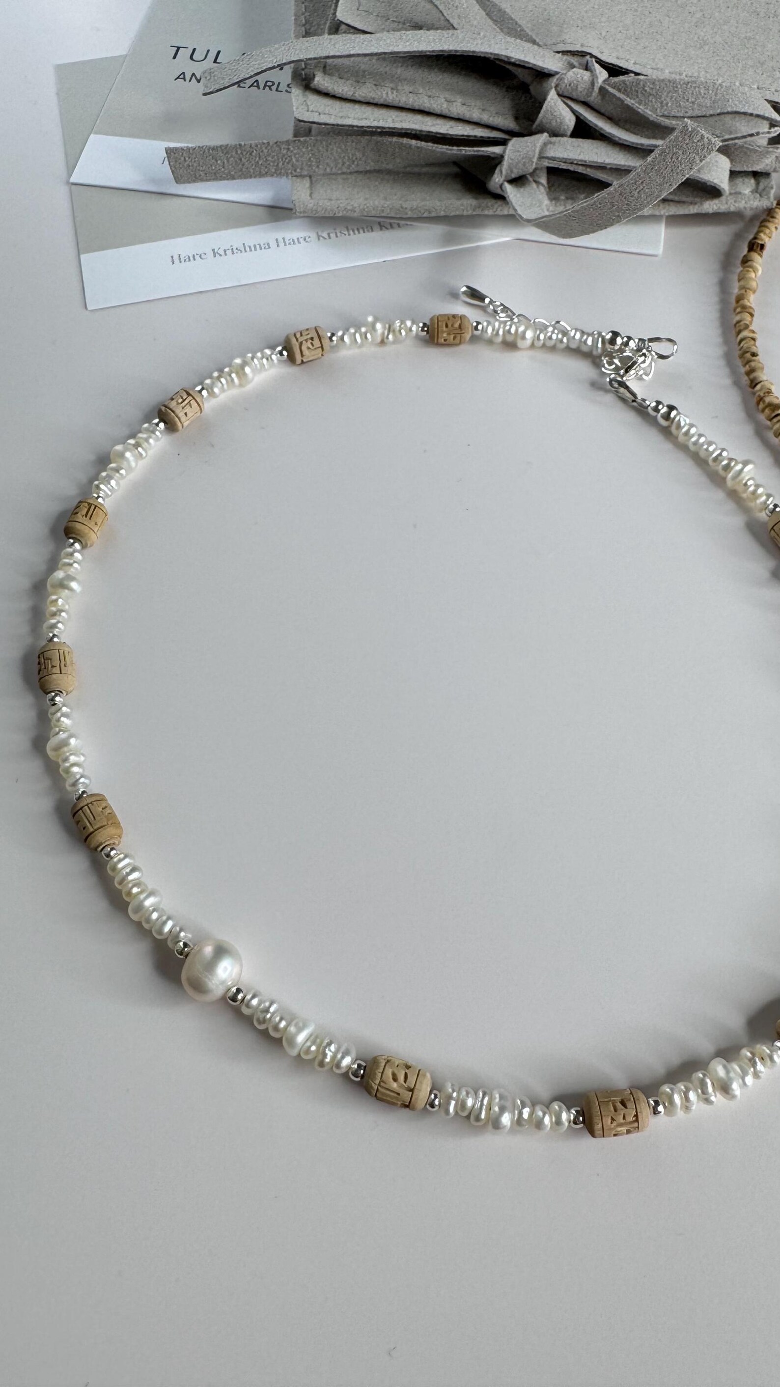 Spiritual Pearl & Tulsi Choker Necklace With Tulasi Beads With ‘radhe ...
