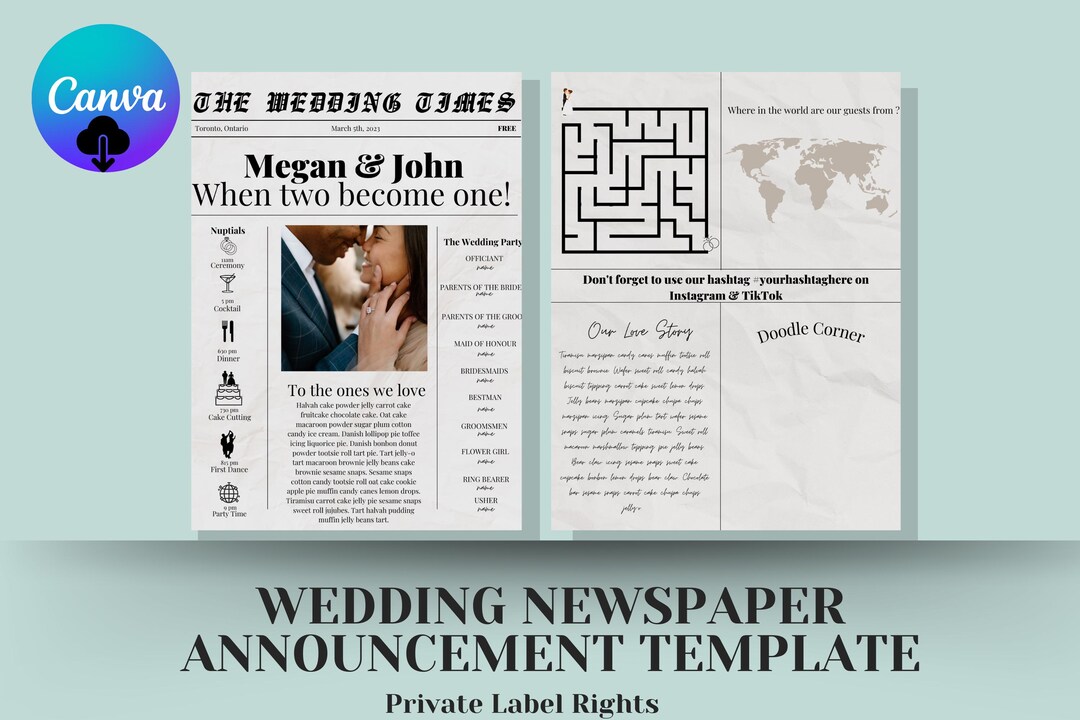 Vintage Newspaper Wedding Announcement Wedding Newsletter Personalize ...