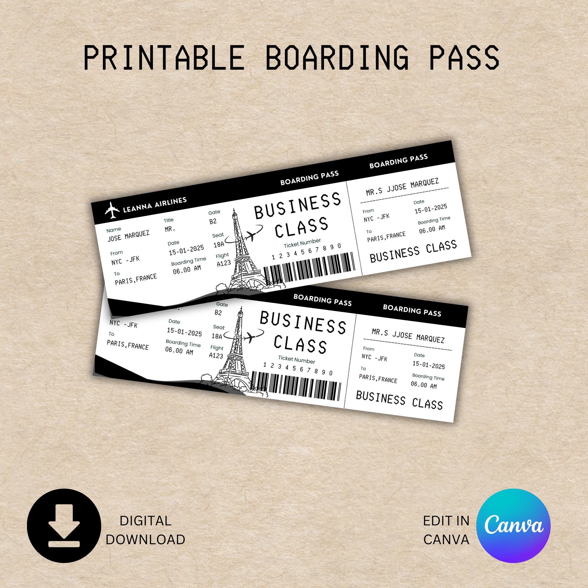Personalized Boarding Pass Template Printable Plane Ticket Design ...