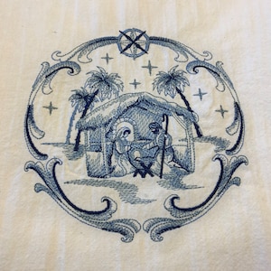 Blue Delft Nativity Scene Embroidered Flour Sack Towel - Etsy