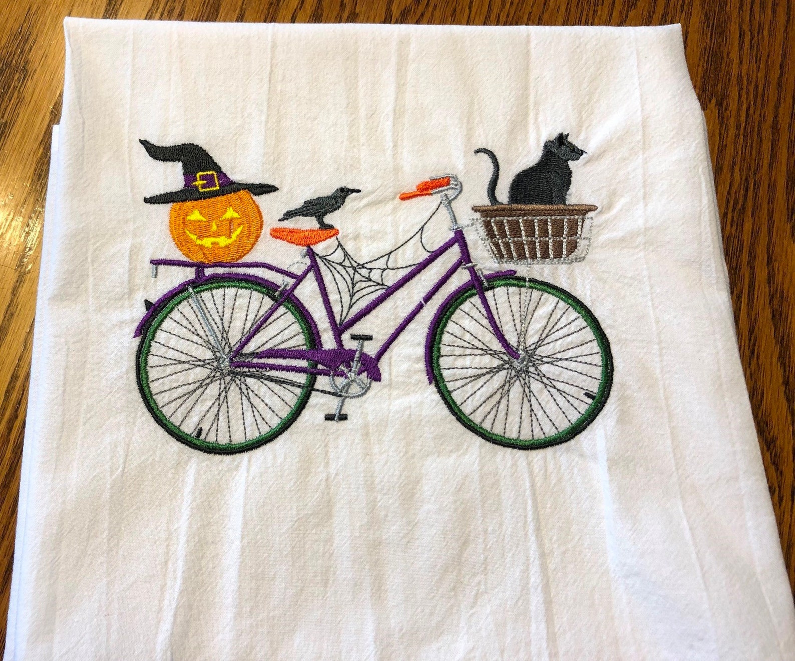 Halloween bicycle embroidered dish towel tea towel flour | Etsy