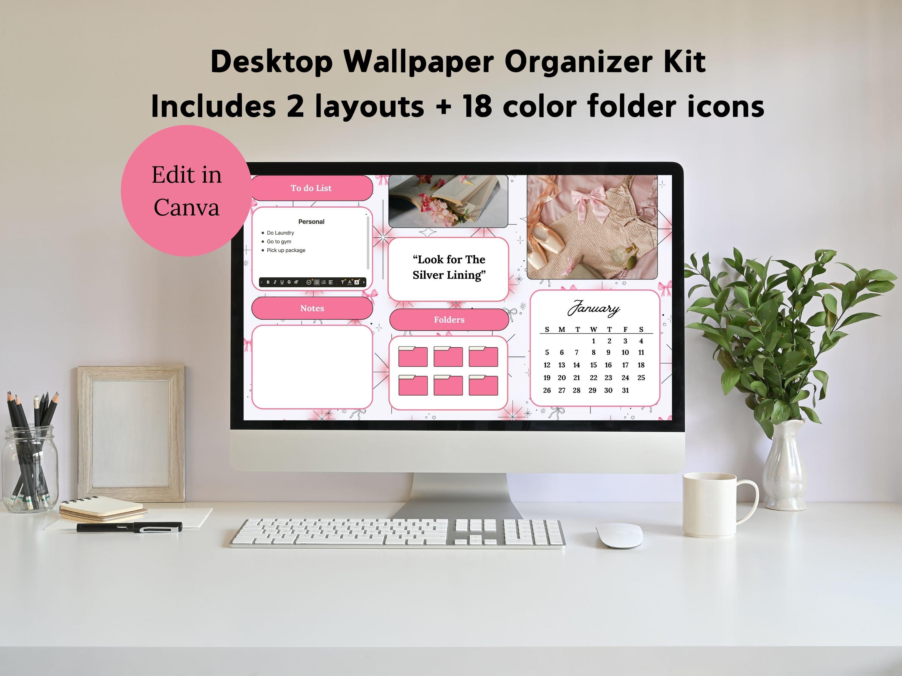 Coquette Pink Desktop Organizer Wallpaper - Aesthetic Laptop Background ...
