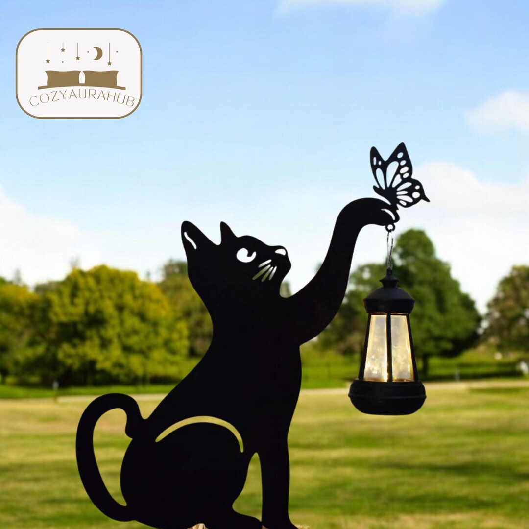 Black Metal Cat Solar Light, Whimsical Outdoor Decor, Waterproof Iron ...