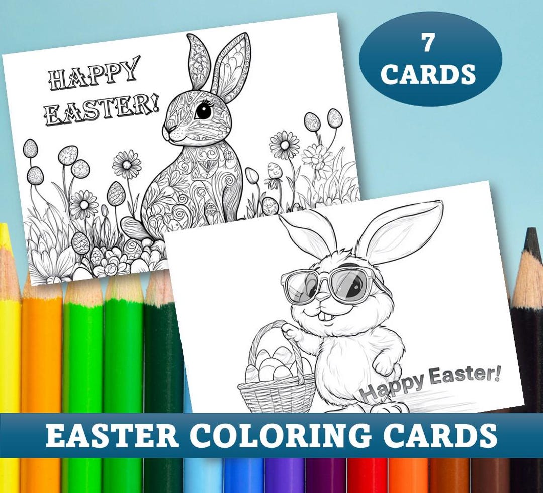 Easter Coloring Cards for Kids, Digital Easter Bunny Coloring Pages ...